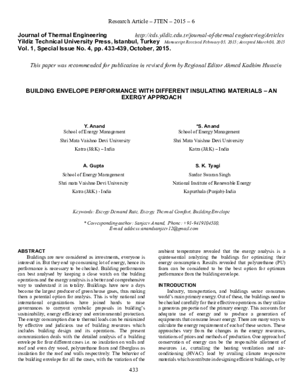 (PDF) Building envelope performance with different insulating materials – An exergy approach