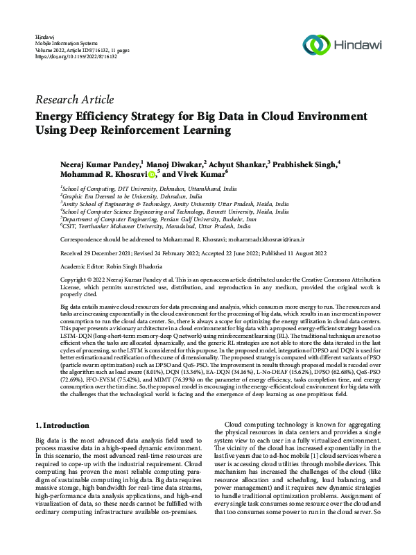 Pdf Energy Efficiency Strategy For Big Data In Cloud Environment Using Deep Reinforcement Learning