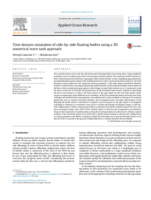 Pdf Time Domain Simulation Of Side By Side Floating Bodies Using A 3d Numerical Wave Tank Approach