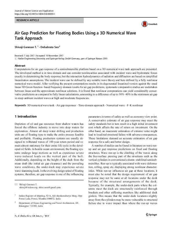 (PDF) Air Gap Prediction for Floating Bodies Using a 3D Numerical Wave Tank Approach