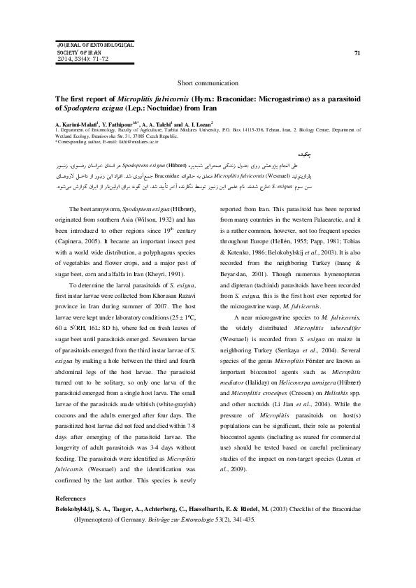 (PDF) The first report of Microplitis fulvicornis (Hym.: Braconidae ...