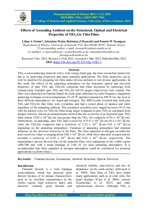 (PDF) Effects of Annealing Ambient on the Structural, Optical and Electrical Properties of TiO2 ...