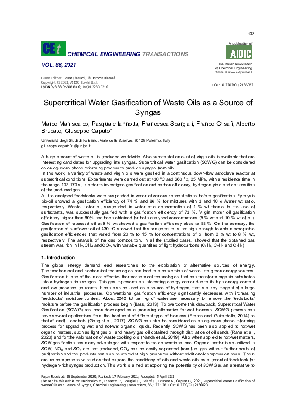 (PDF) Supercritical water gasification of waste oils as a source of syngas