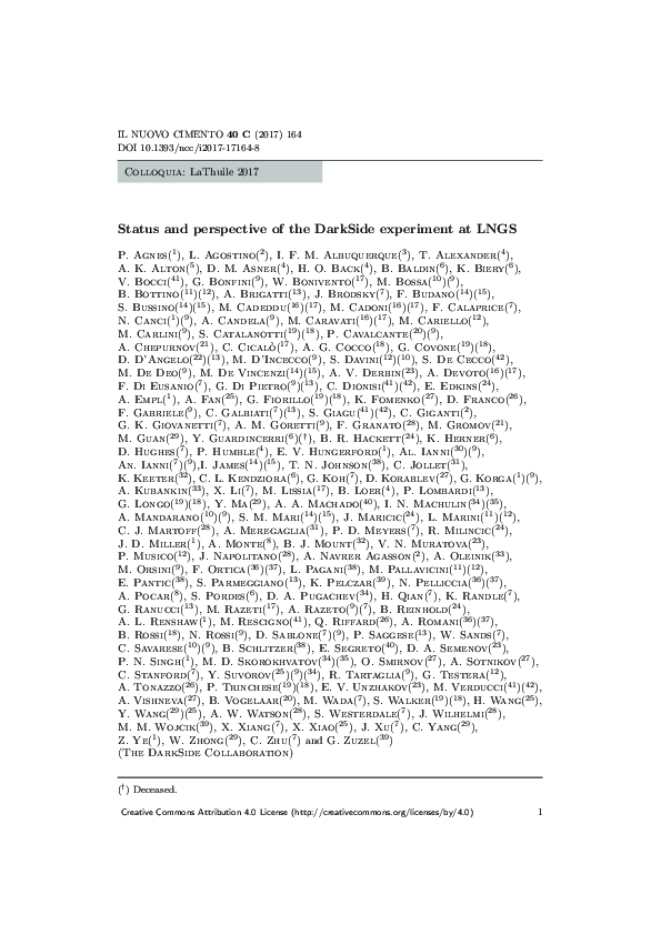 (PDF) Status and perspective of the DarkSide experiment at LNGS | M. Cariello - Academia.edu