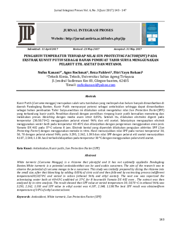 (PDF) Pengaruh Temperatur Terhadap Nilai Sun Protecting Factor (SPF) Pada Ekstrak Kunyit Putih ...