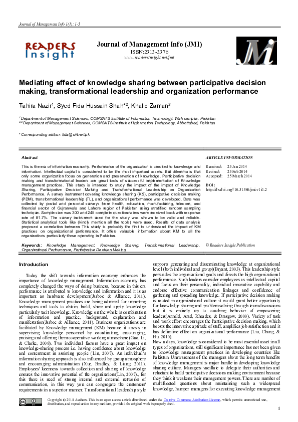 (PDF) Mediating effect of knowledge sharing between participative decision making ...