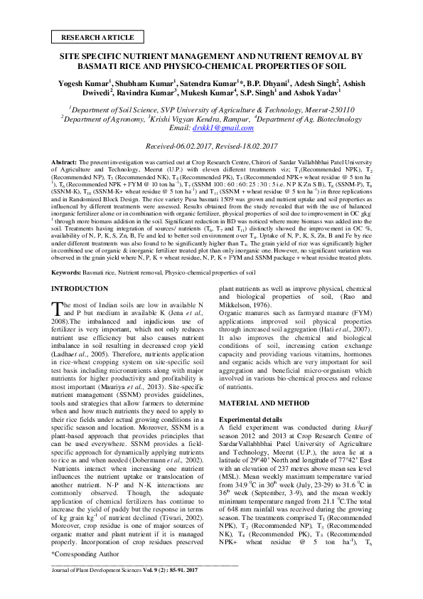 (PDF) Site Specific Nutrient Management and Nutrient Removal by Basmati ...