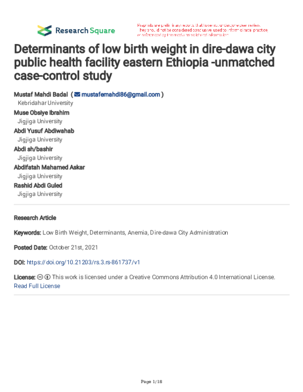 (PDF) Determinants of low birth weight in dire-dawa city public health ...