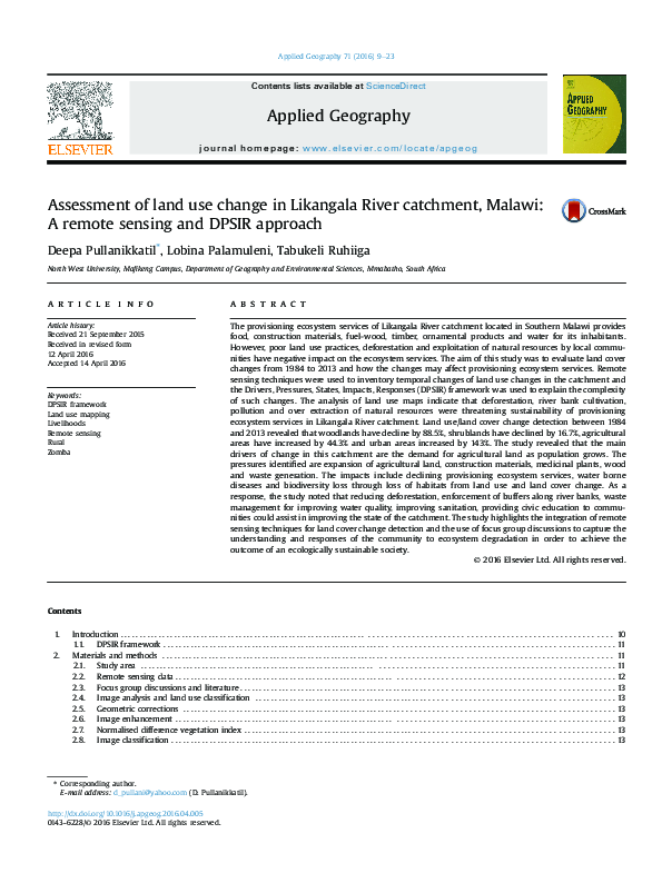 (PDF) Assessment of land use change in Likangala River catchment, Malawi: A remote sensing and ...