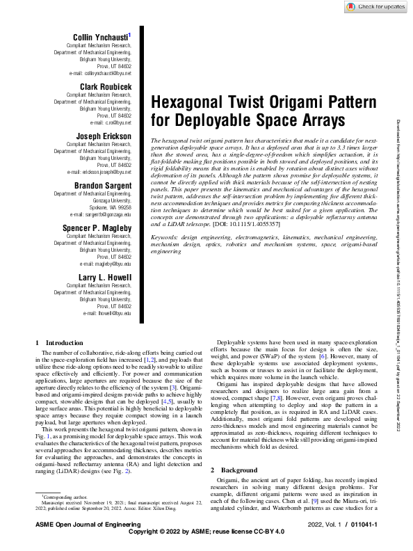 Pdf Hexagonal Twist Origami Pattern For Deployable Space Arrays