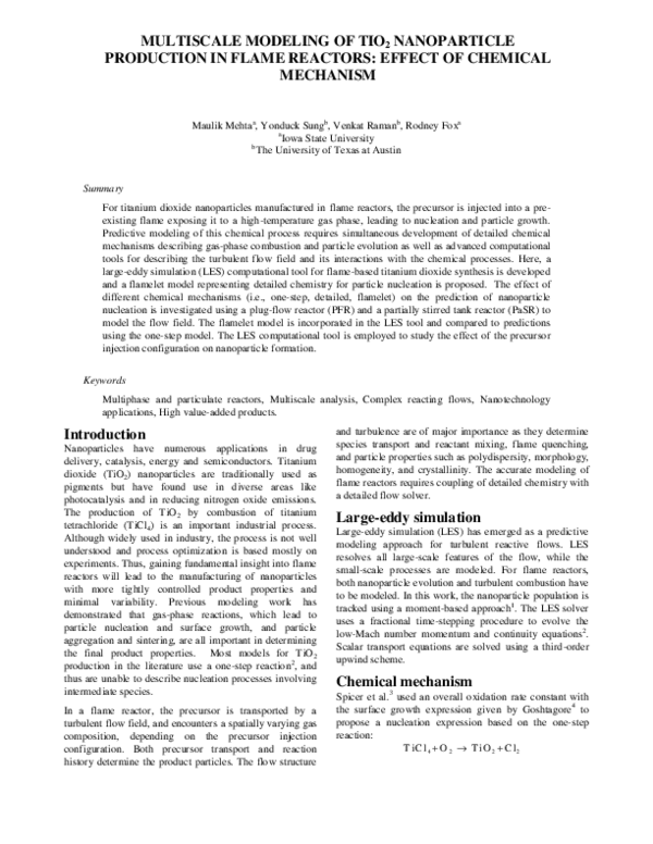 (PDF) Multiscale Modeling of TiO2 Nanoparticle Production in Flame Reactors: Effect of Chemical ...