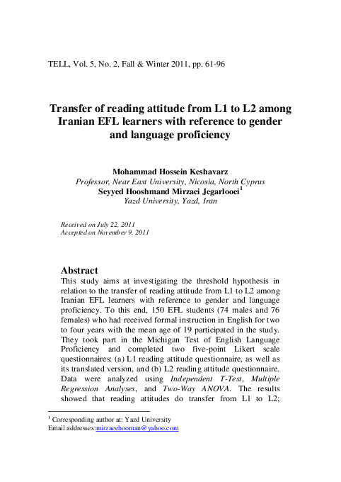 (PDF) Transfer of reading attitude from L1 to L2 among Iranian EFL learners with reference to ...