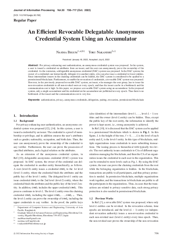 (PDF) An Efficient Revocable Delegatable Anonymous Credential System Using an Accumulator
