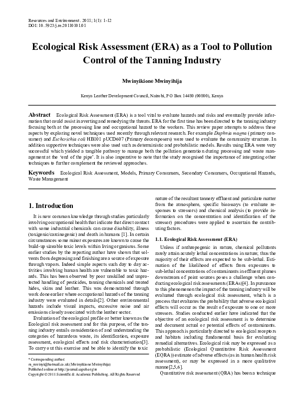 (PDF) Ecological Risk Assessment (ERA) of a Tanning Industry