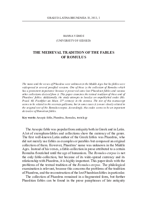 (PDF) The medieval tradition of the fables of Romulus