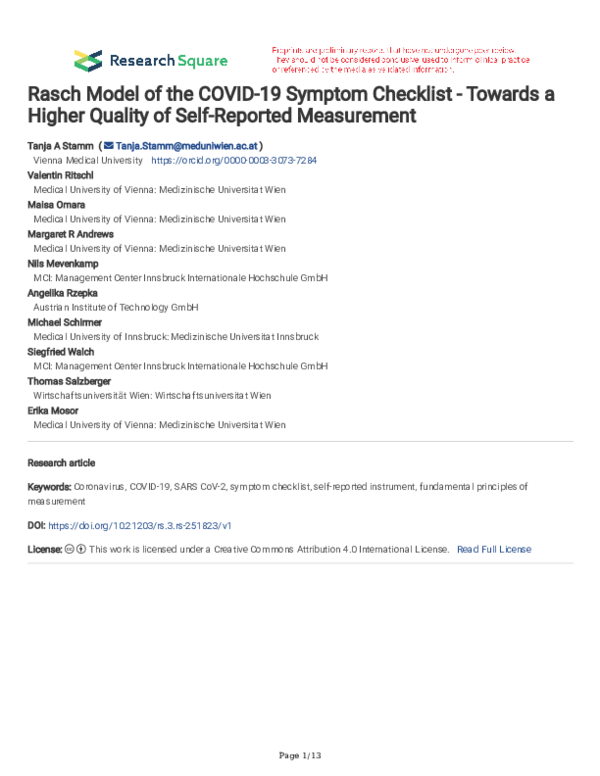 (PDF) Rasch Model of the COVID-19 Symptom Checklist - Towards a Higher ...