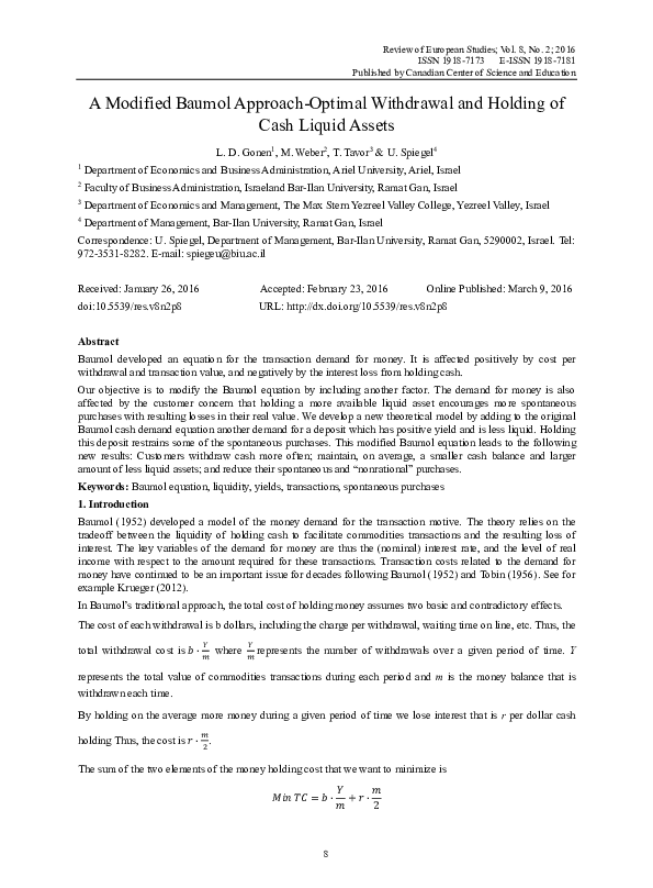 (PDF) A Modified Baumol Approach-Optimal Withdrawal and Holding of Cash ...