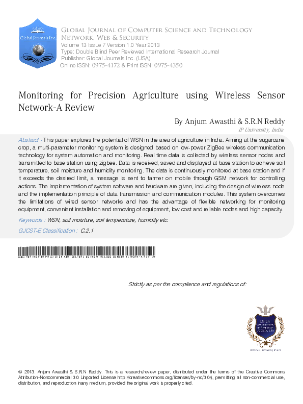 (PDF) Monitoring for Precision Agriculture using Wireless Sensor Network-A review
