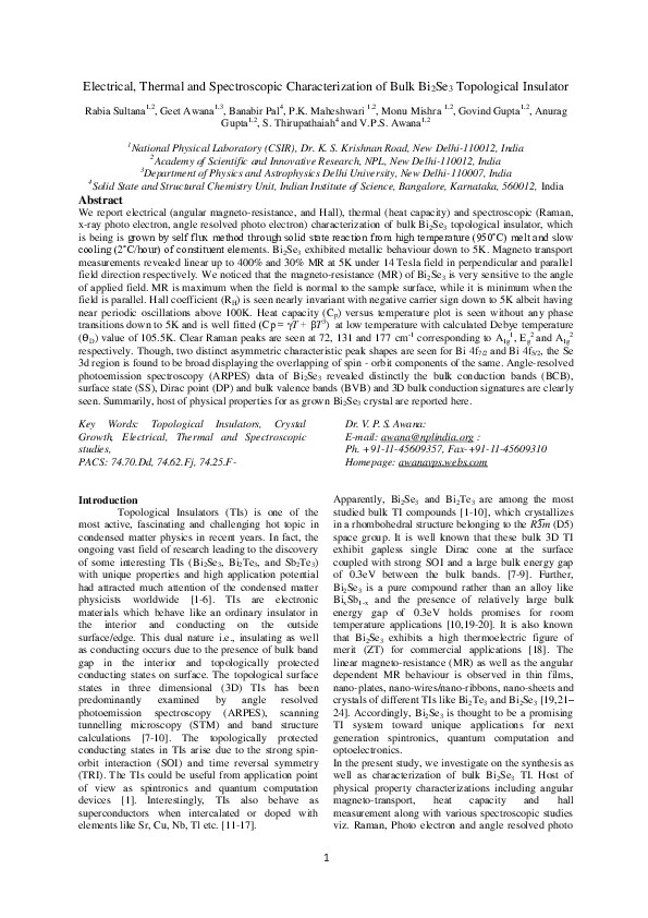 (PDF) Electrical, Thermal and Spectroscopic Characterization of Bulk Bi2Se3 Topological Insulator