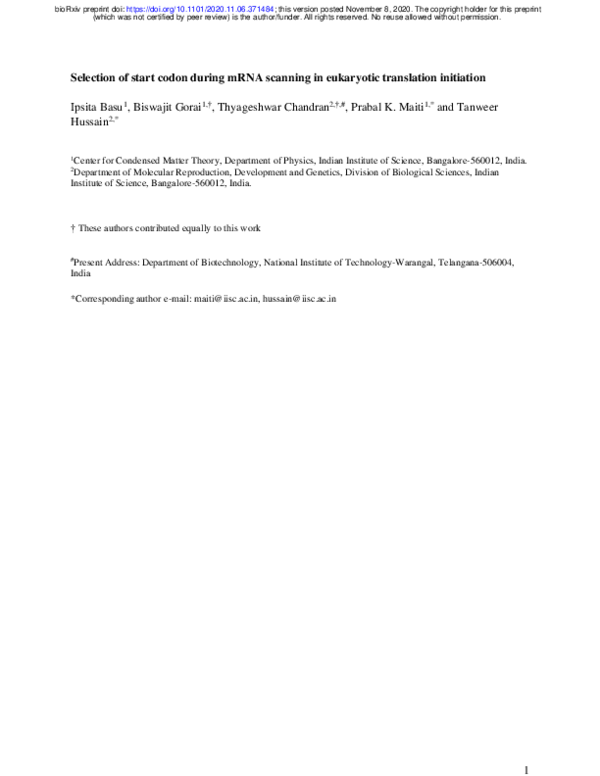 (PDF) Selection of start codon during mRNA scanning in eukaryotic ...