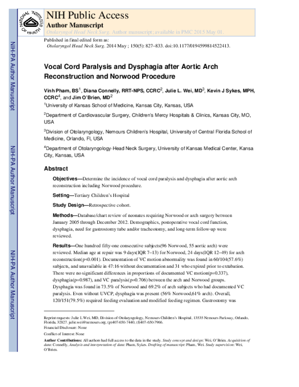 (PDF) Vocal Cord Paralysis and Dysphagia after Aortic Arch ...