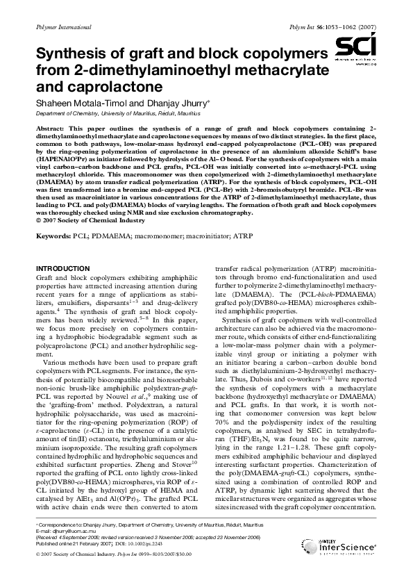 (PDF) Synthesis of graft and block copolymers from 2-dimethylaminoethyl methacrylate and ...