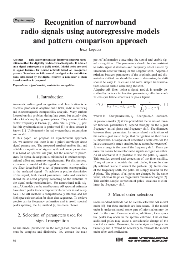 Pdf Recognition Of Narrowband Radio Signals Using Autoregressive Models And Pattern Comparison
