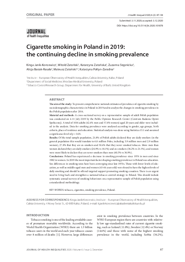 (PDF) Cigarette smoking in Poland in 2019: the continuing decline in ...