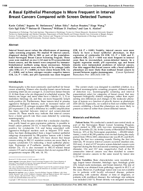 (PDF) A Basal Epithelial Phenotype Is More Frequent in Interval Breast Cancers Compared with ...