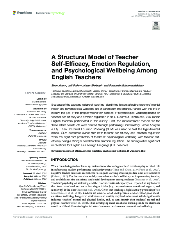 (PDF) A Structural Model of Teacher Self-Efficacy, Emotion Regulation ...