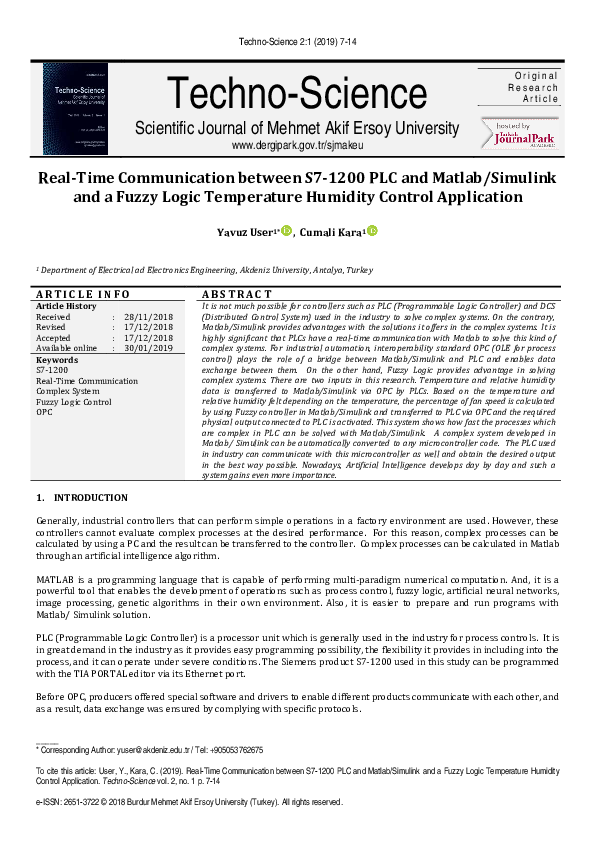 (PDF) Real-Time Communication between S7-1200 PLC and Matlab/Simulink and a Fuzzy Logic ...