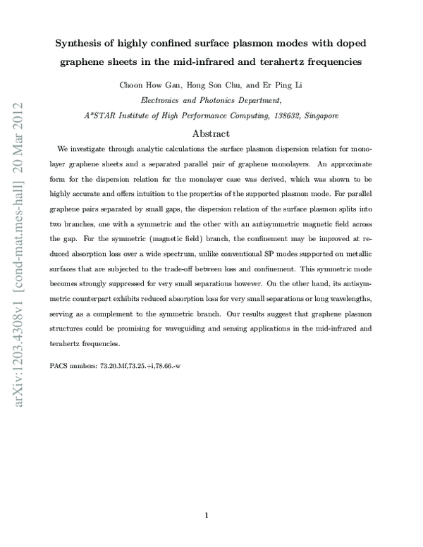 (PDF) Synthesis of highly confined surface plasmon modes with doped graphene sheets in the ...