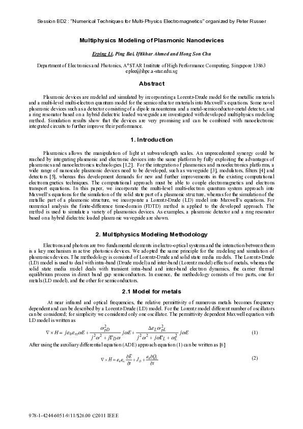 (PDF) Multiphysics modeling of plasmonic nanodevices