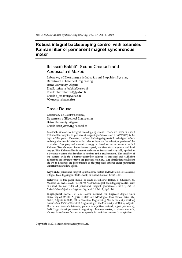 Pdf Robust Integral Backstepping Control With Extended Kalman Filter Of Permanent Magnet