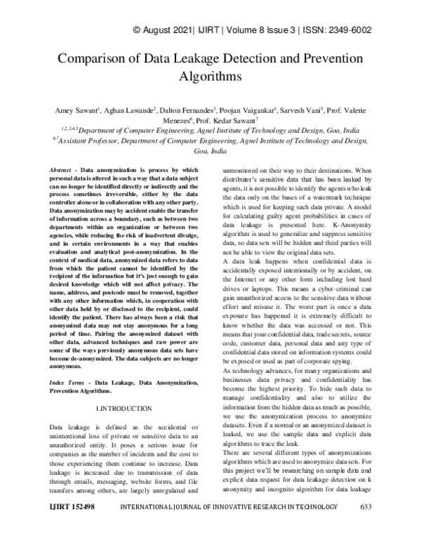 (PDF) Comparison of Data Leakage Detection and Prevention Algorithms