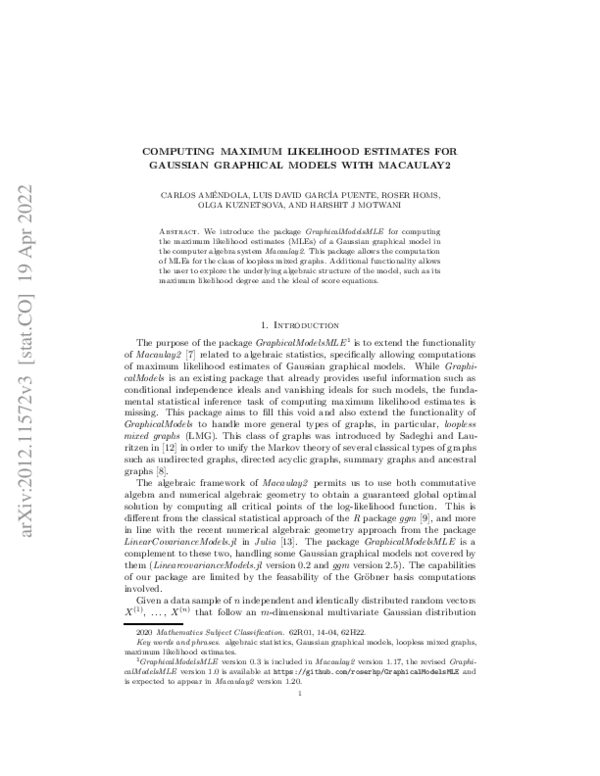 Pdf Computing Maximum Likelihood Estimates For Gaussian Graphical Models With Macaulay2