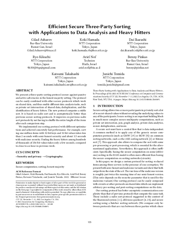 (PDF) Efficient Secure Three-Party Sorting with Applications to Data Analysis and Heavy Hitters