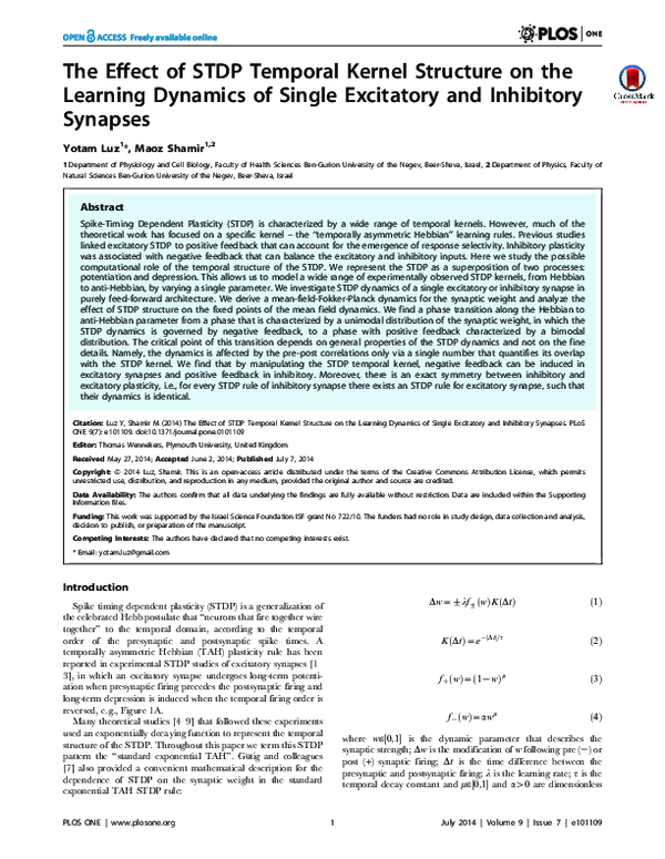 (PDF) The effect of STDP temporal kernel structure on the learning dynamics of single excitatory ...