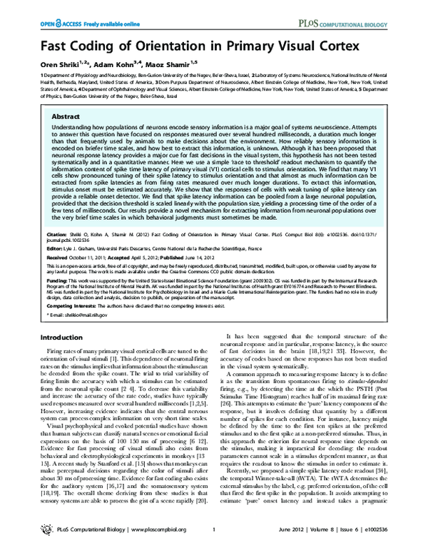 Pdf Fast Coding Of Orientation In Primary Visual Cortex Maoz Shamir