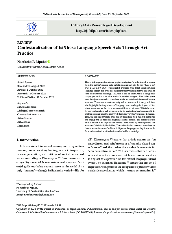 Pdf Contextualization Of Isixhosa Language Speech Acts Through Art Practice Nombe Mpako 