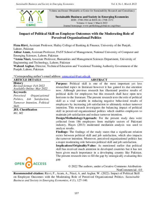 (PDF) Impact of Political Skill on Employee Outcomes with the Moderating Role of Perceived ...