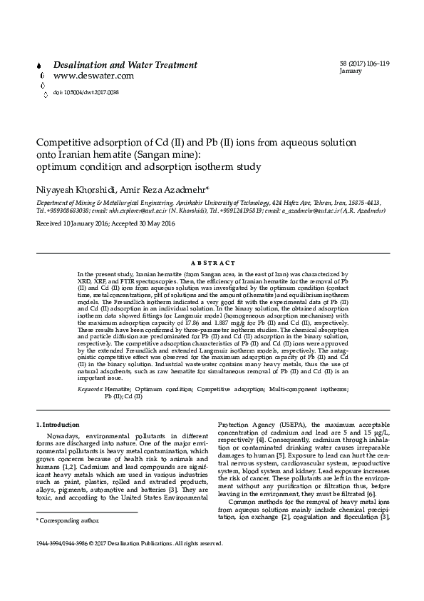 (PDF) Competitive adsorption of Cd (II) and Pb (II) ions from aqueous solution onto Iranian ...