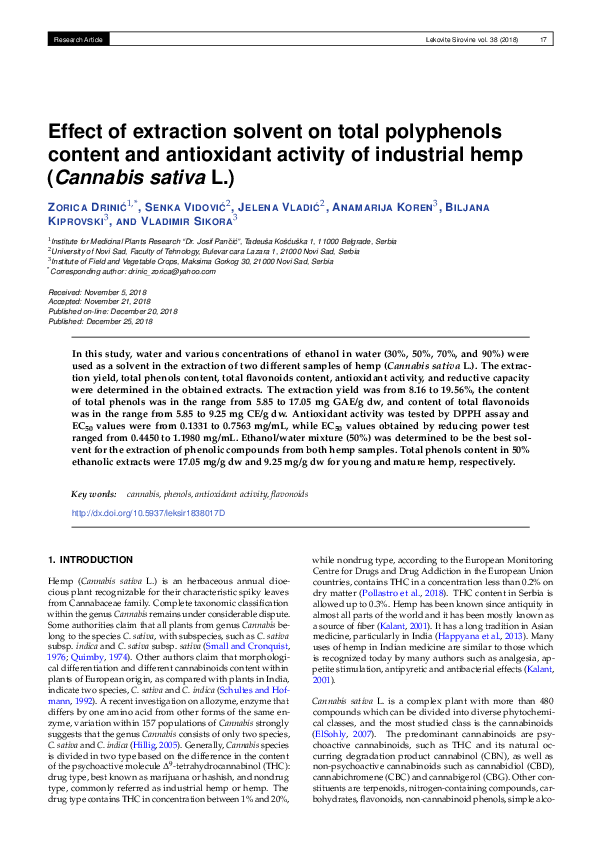 Pdf Effect Of Extraction Solvent On Total Polyphenols Content And