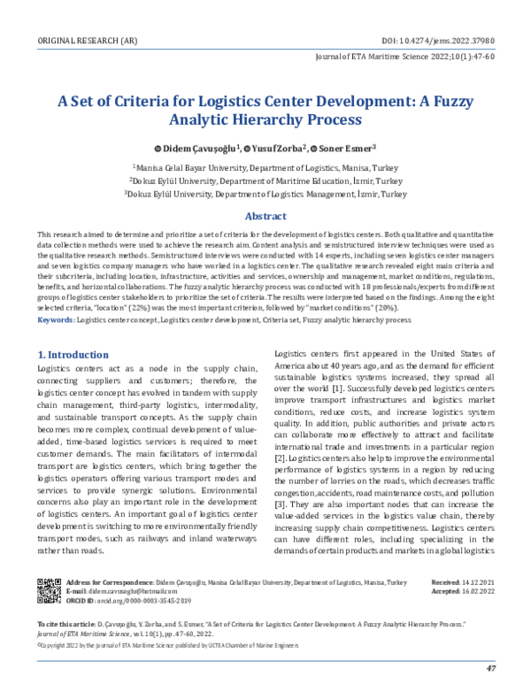 (PDF) A Set of Criteria for Logistics Center Development: A Fuzzy Analytic Hierarchy Process