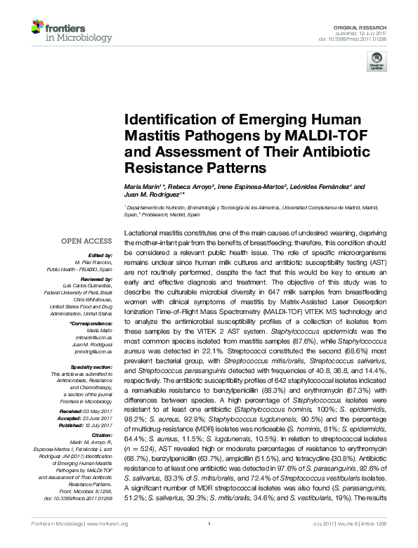 (PDF) Identification of Emerging Human Mastitis Pathogens by MALDI-TOF and Assessment of Their ...
