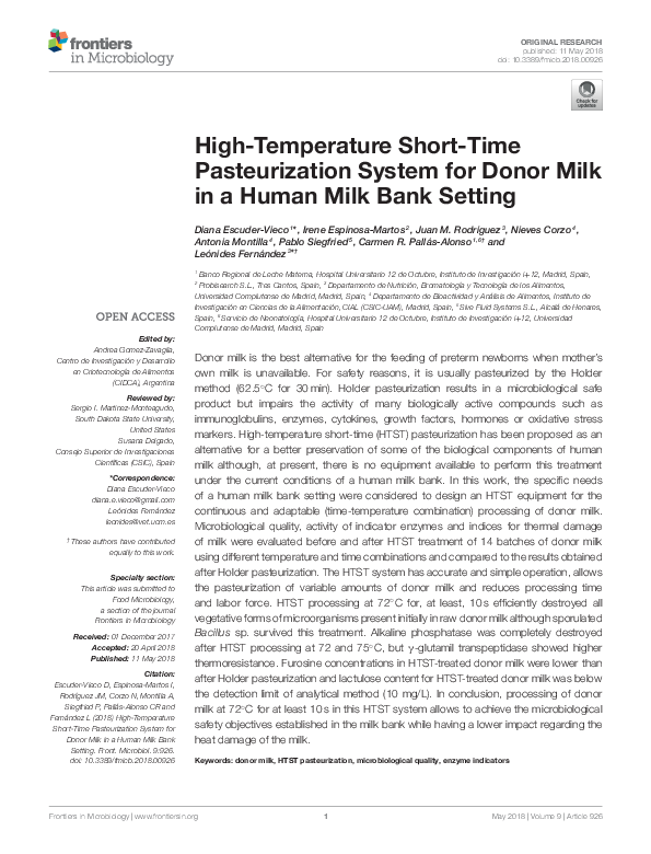 (PDF) High-Temperature Short-Time Pasteurization System for Donor Milk in a Human Milk Bank Setting