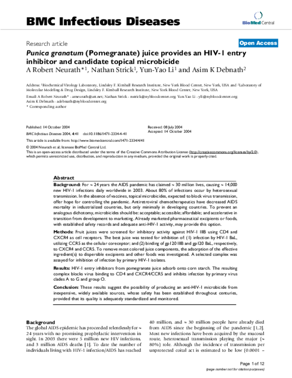 Punica granatum (Pomegranate) Juice Provides an HIV-1 Entry Inhibitor ...