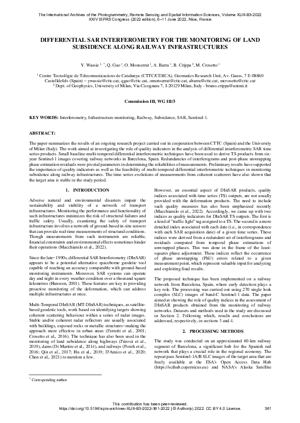 (PDF) Differential Sar Interferometry for the Monitoring of Land Subsidence Along Railway ...