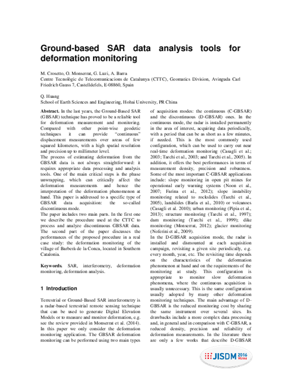 (PDF) Ground Based Sar Data Analysis Tools For Deformation Monitoring