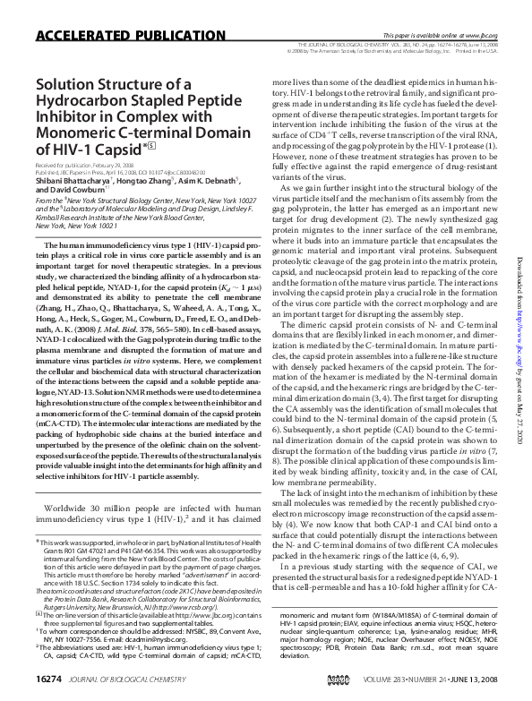 (PDF) Solution Structure of a Hydrocarbon Stapled Peptide Inhibitor in ...